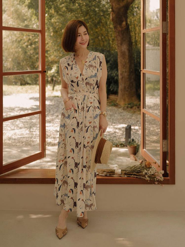 無袖V領抽繩獨家印花洋裝 | Fancy Made